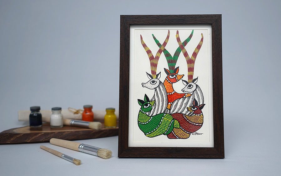 Buy Family of Barasingha - Gond Painting - A5 Size Frame Online Indic ...