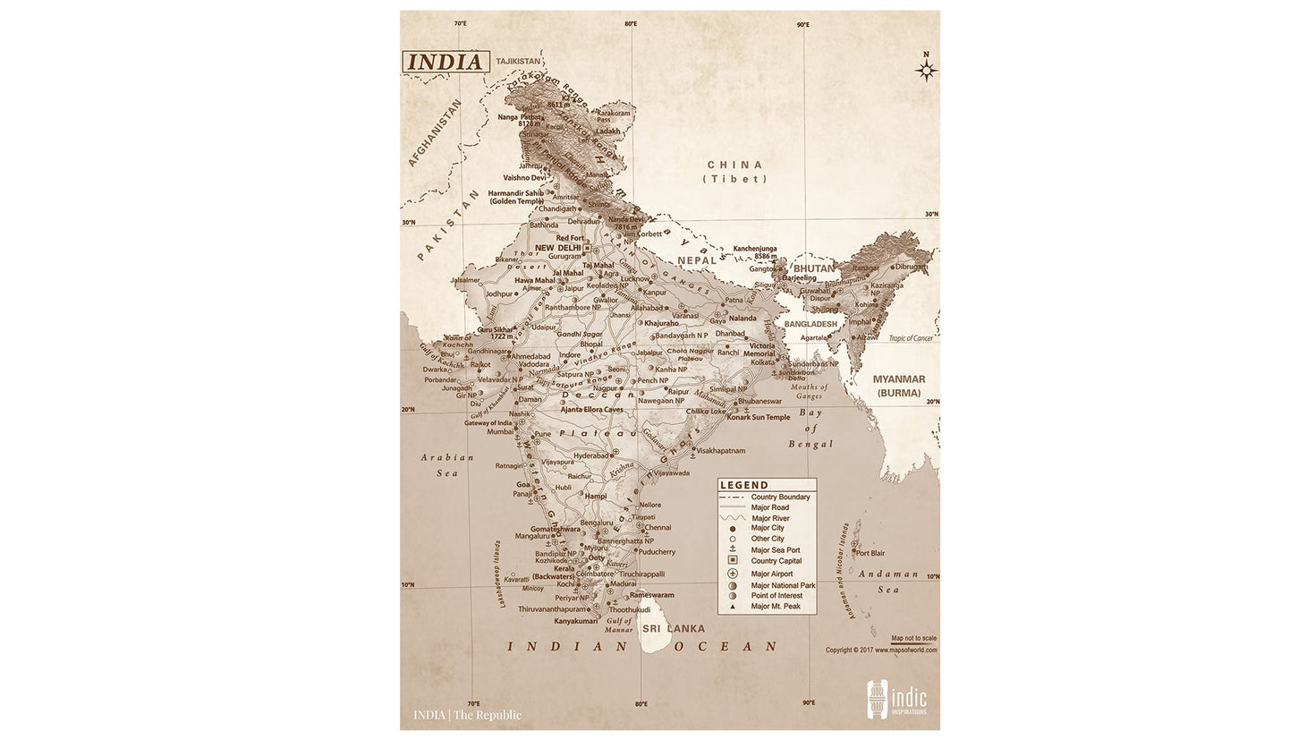INDIA Map | Classical Sepia | A3 Frame Online Indic Inspirations